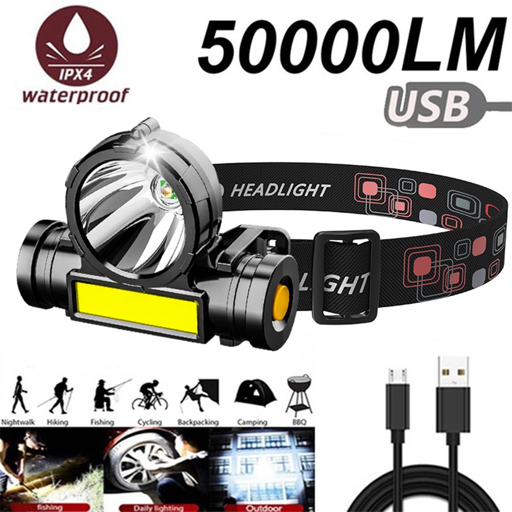 50000lm LED Headlight Powerful COB+LED Waterproof Rechargeable Headlamp ...