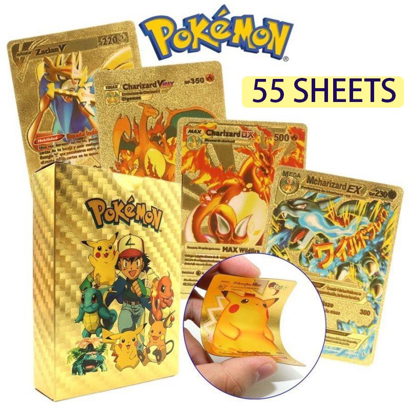 55 PCS Pokemon Cards Metal Gold Vmax GX Energy Card Charizard Pikachu ...