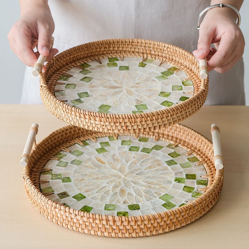 Ready Stock Dulang Kuih Raya Dessert Round Rattan Tray With Handle ...