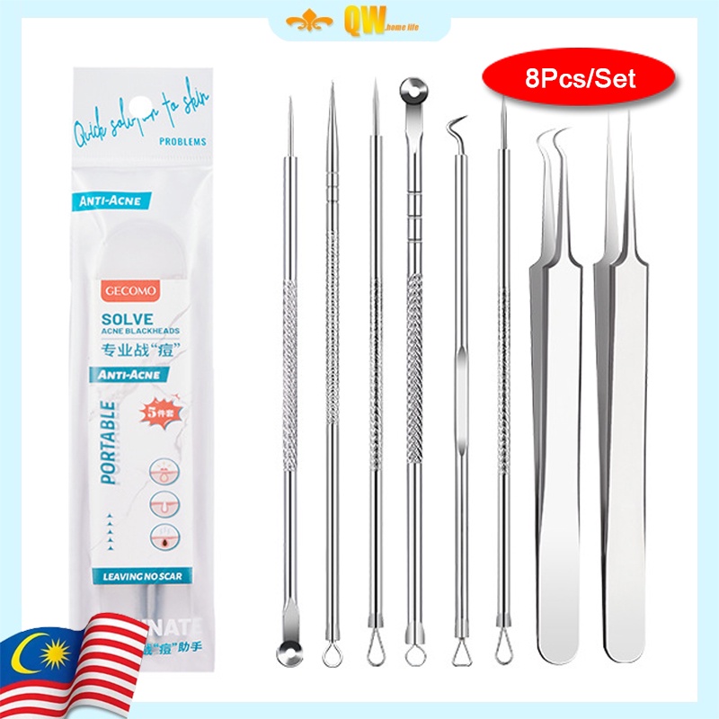 8Pcs/Set Stainless Steel Acne Extractor Remover Kit Squeeze Acne Needle ...