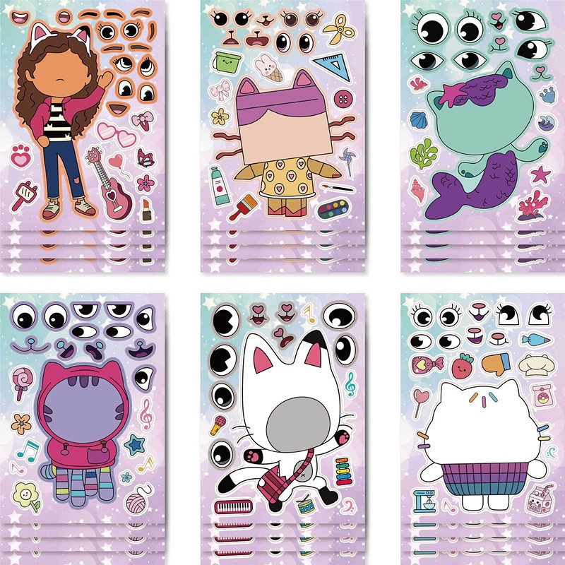 12pcs / Lot Gabby Dollhouse Cats Make Your Own Face DIY Puzzle Sticker ...