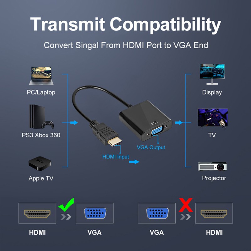 HDM To VGA Converter Video Audio Aux Adapter Male To Female with Power ...