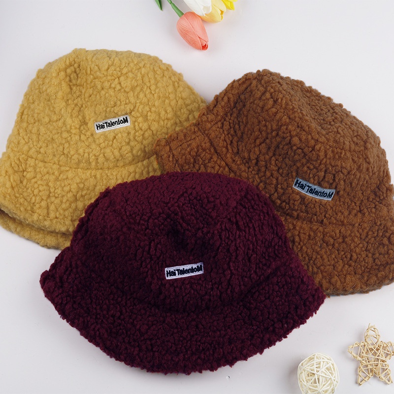 Lamb Wool Bucket Hat Winter Warm Hats For Women Lady Thicken Flat Top ...