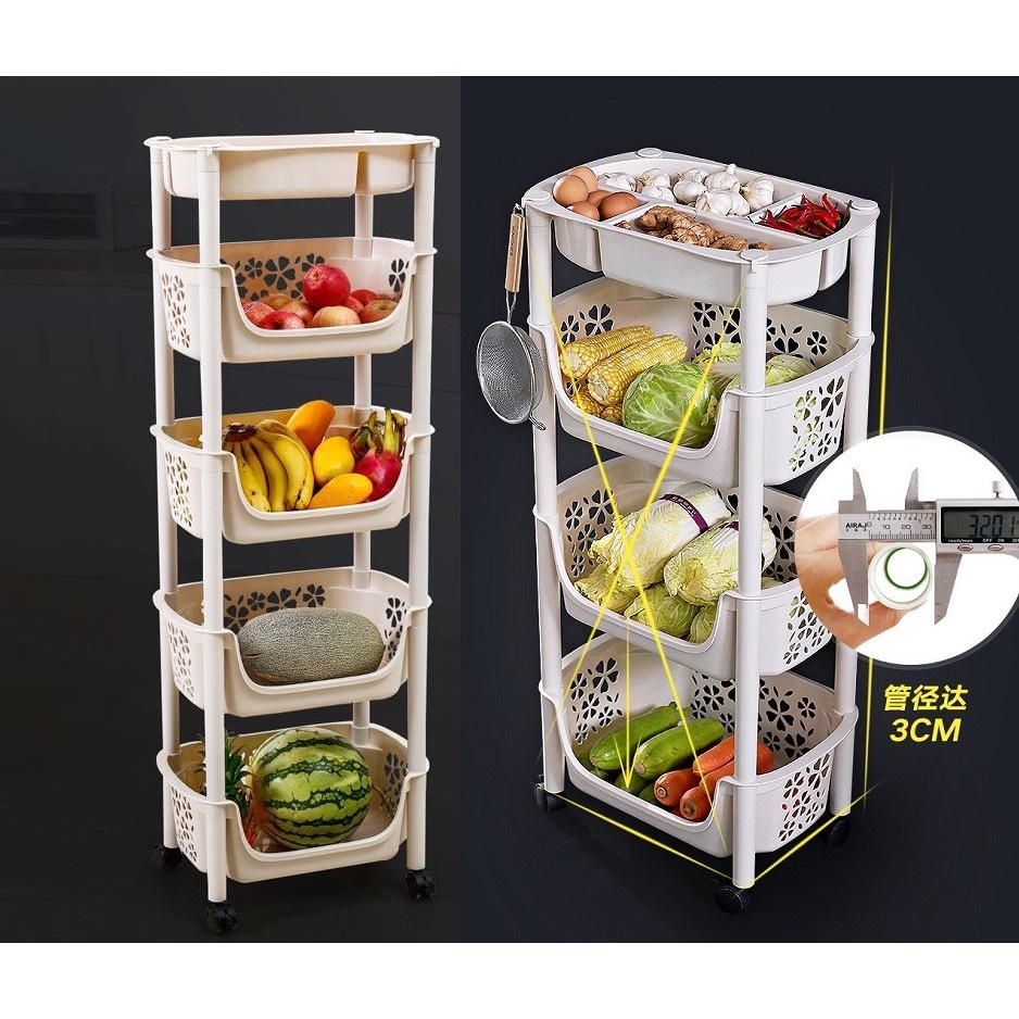 3 / 4 Tier Vegetables Basket Storage Trolley Rack with Tray and Wheels ...