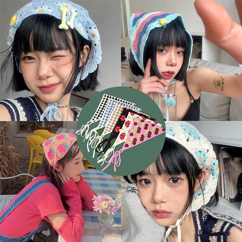 Y2K Aesthetic Triangular Turban Women Floral Bandanas Girl Sweet ...