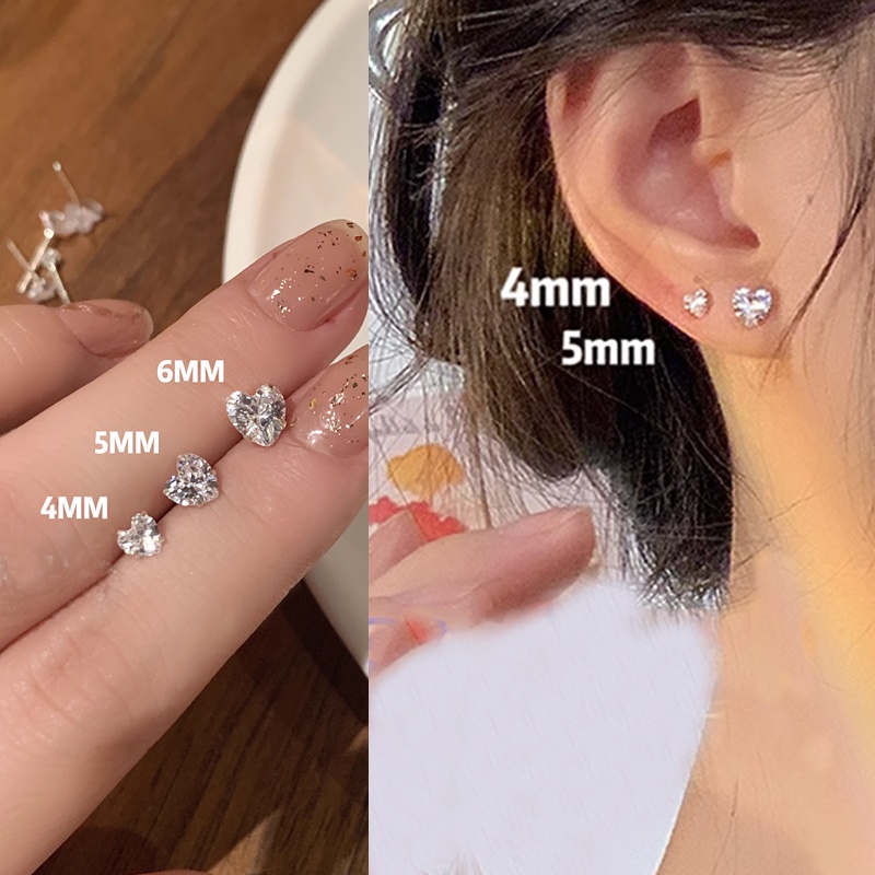 6Pcs/LOT S999 Sterling Silver Heart Zircon Stud Earrings Ear Piercing ...