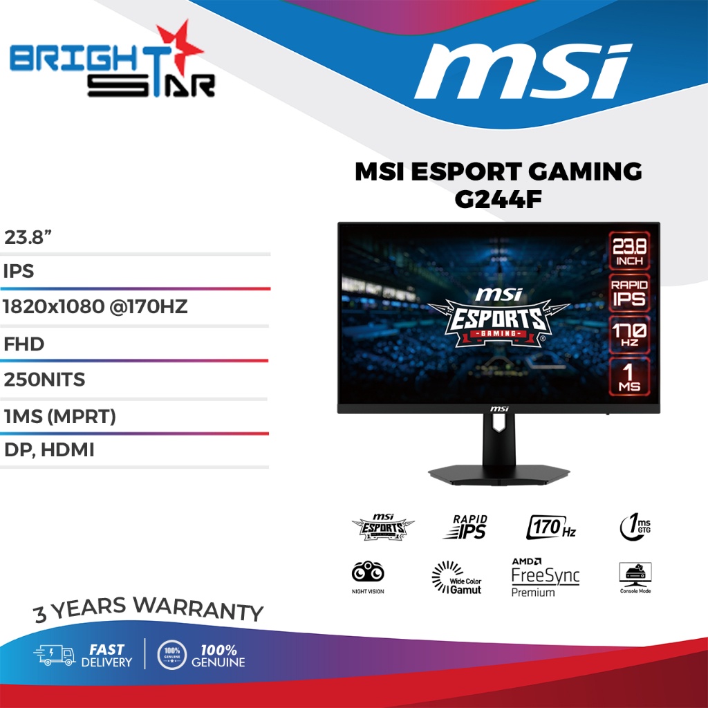 MSI ESPORT GAMING 24" G244F IPS 170HZ FHD GAMING MONITOR | Shopee Malaysia