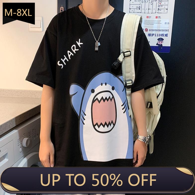 baju oversize lelaki M-8XL t shirt lelaki Japanese style Cartoon shark Printed T-Shirt Casual ...