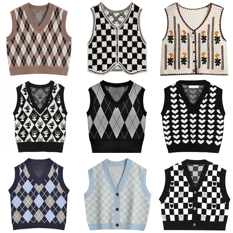 Women Knit Vest Knitted Vest Gilet V-neck Plaid Knitted Sleeveless Vest ...