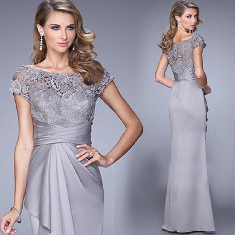 Elegant Silver Grey Lace Banquet Evening Dress Simple Short Sleeve ...