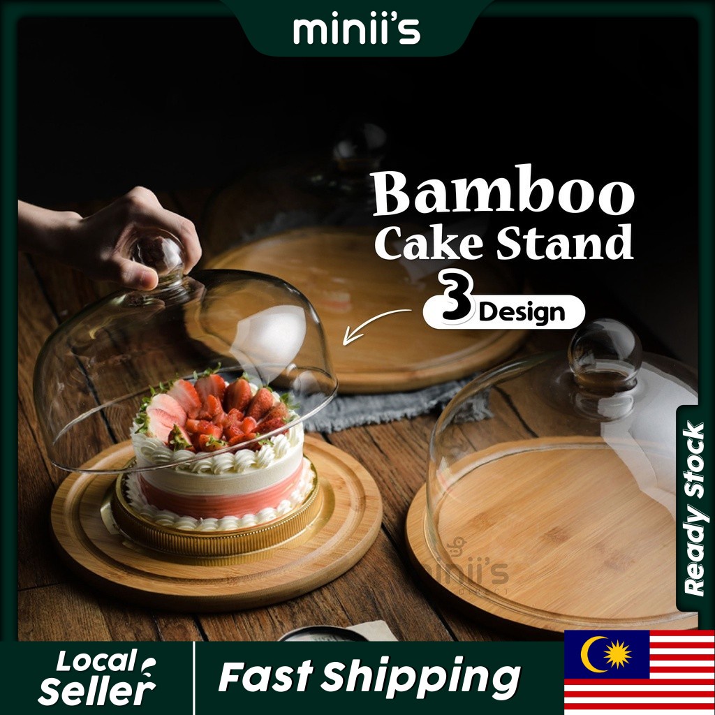 Miniis Wooden Cake Stand With Glass Cover 2 in 1 Cake Display Accessory ...