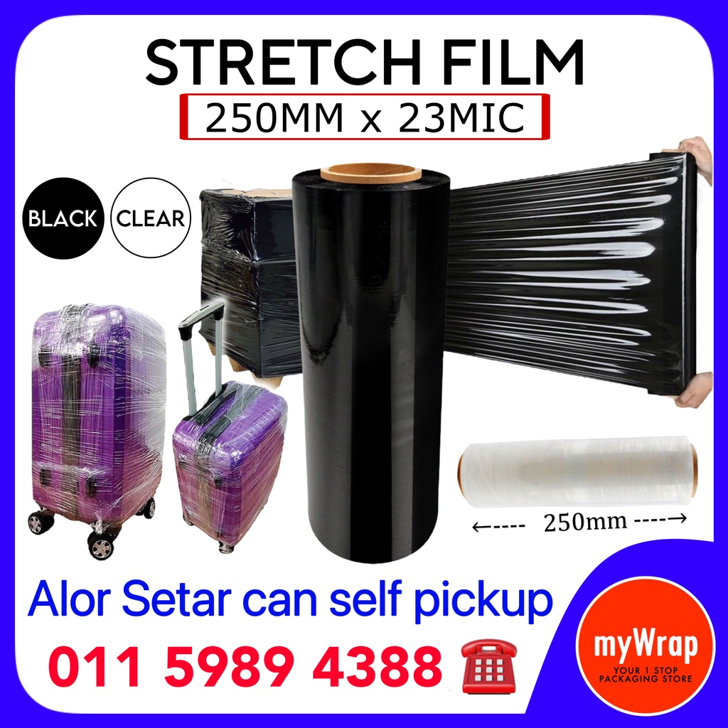 250mm x 1.1kg x 23mic Stretch Film Clear / Black Transparent Wrapping ...