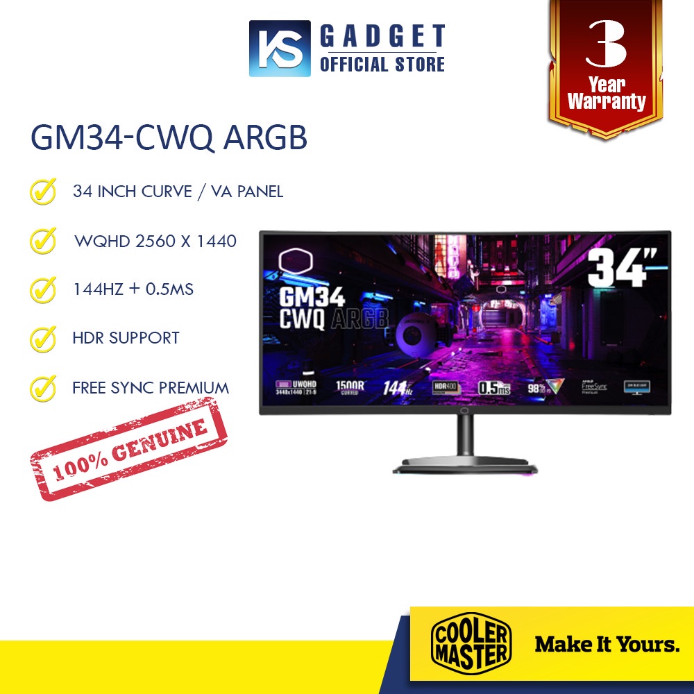 CoolerMaster GM34-CWQ ARGB 34inch Curve 2K WQHD / 144Hz / 0.5Ms Gaming ...