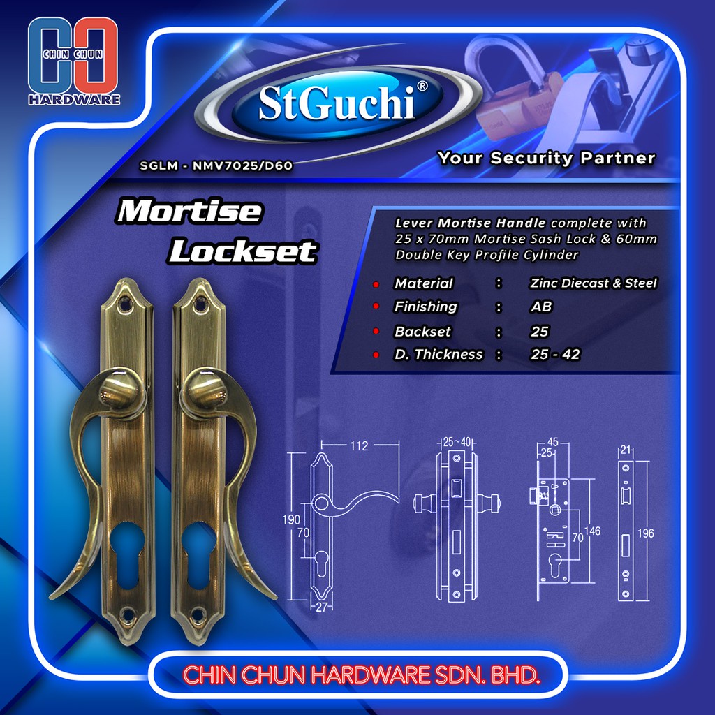 StGuchi LEVER MORTISE DOOR LOCKSET SGLM-NMV7025 / D60AB|KUNCI PINTU|DOOR SECURITY|DOOR LOCKS ...