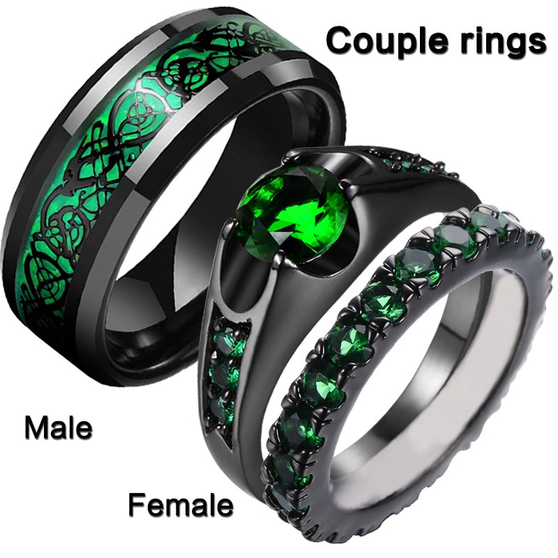 New Emerald Green Zircon Couple Rings for Women Jewlery Bridal Sets Man ...