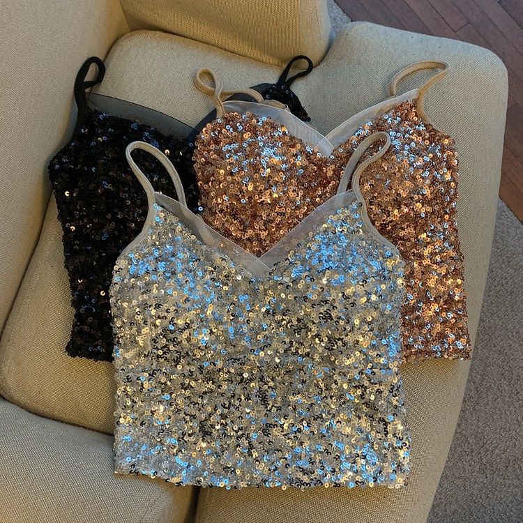 Silver sequins v-neck tube top camisole vest female summer hot银色亮片v领抹胸 ...
