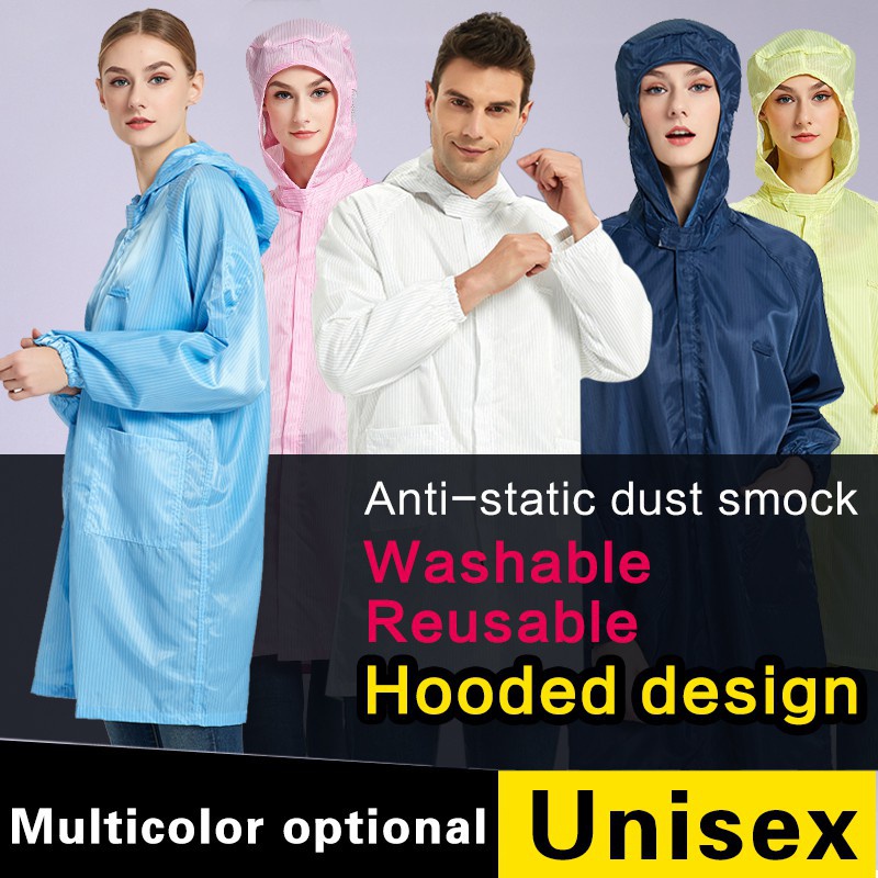 ESD smock Cleanroom suit with hood with zipper round neck anti static PPE gown washable lab coat ...