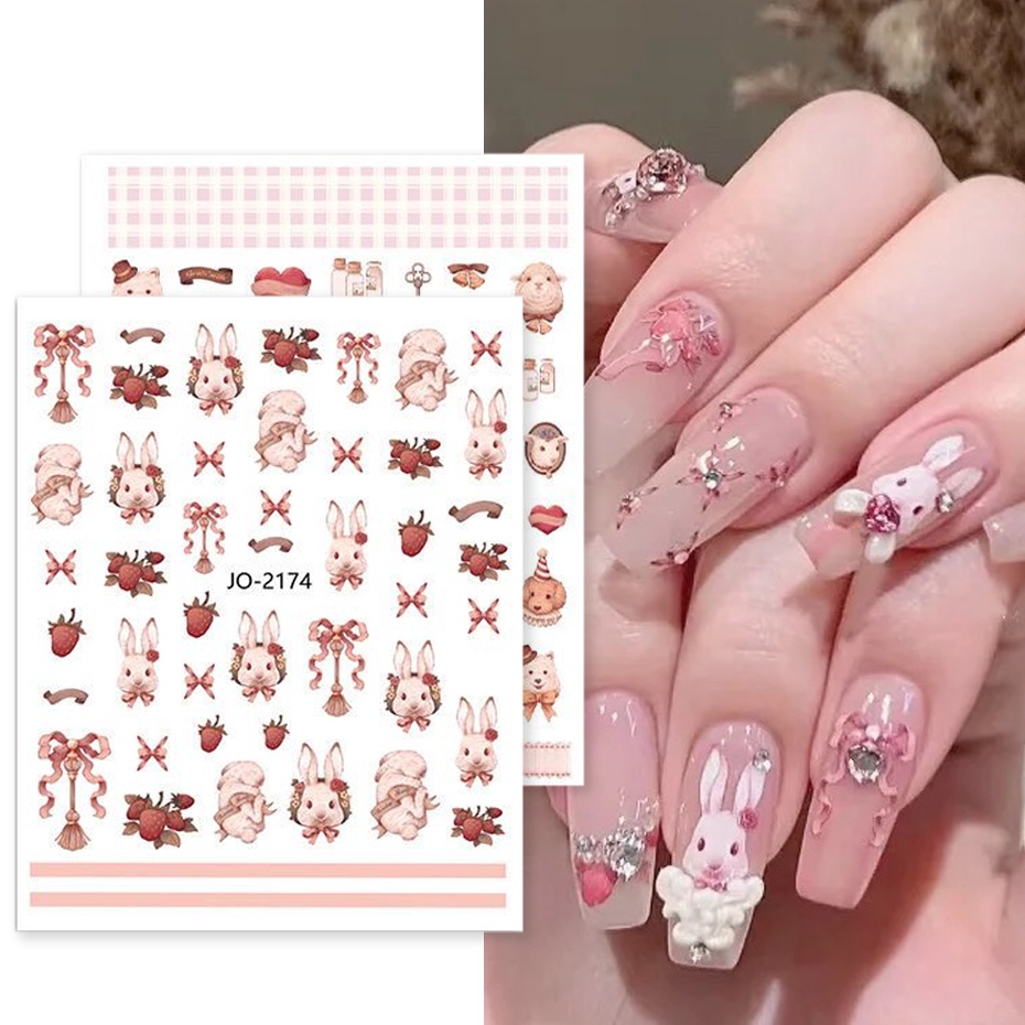 Rococo Bunny Nail Art Stickers Cute Cartoon Style Adhesive Sliders For ...