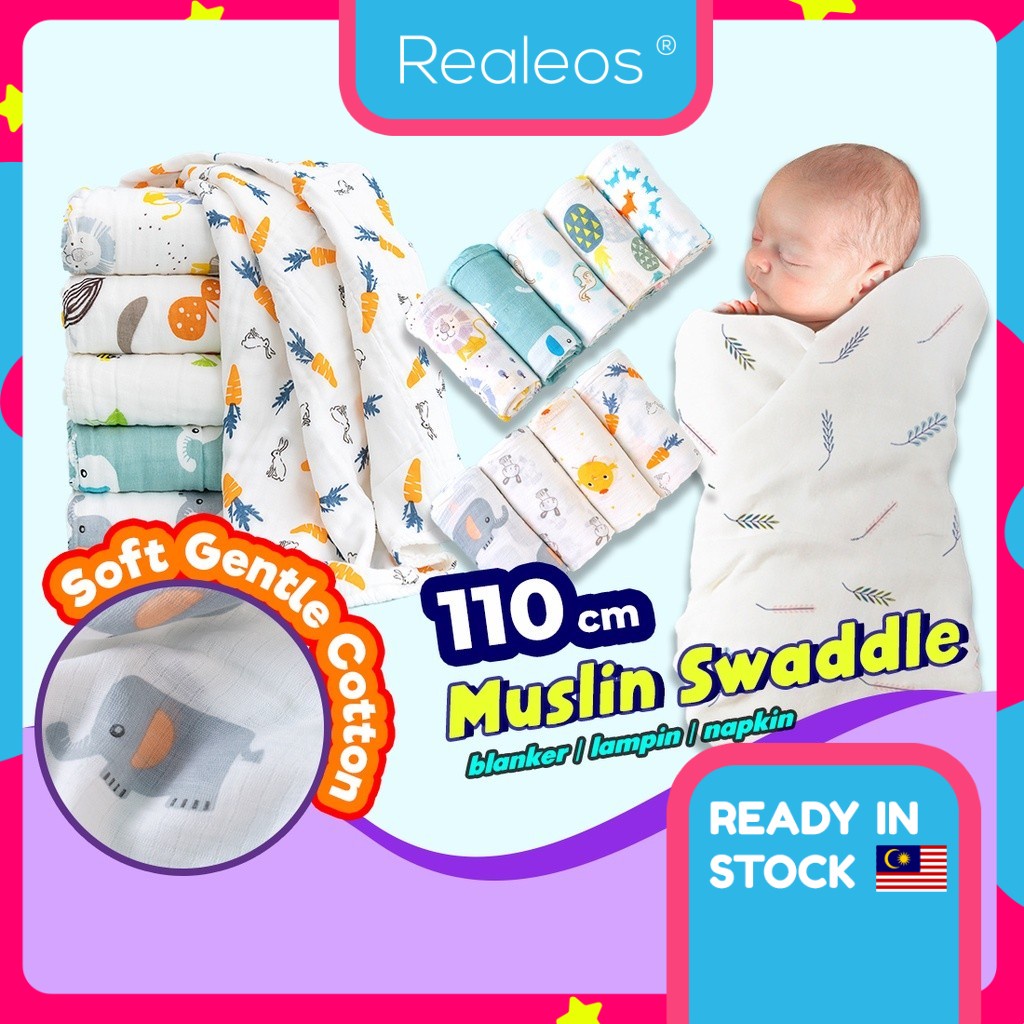 Realeos Newborn 110cm Baby Wrap Muslin Swaddle Soft Blanket Kain Bedung ...