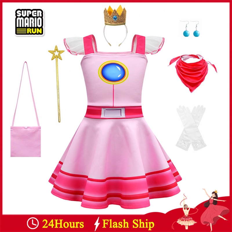 Movie Super Mario Princess Peach Dress For Kids Girl Shortsleeve Dress ...