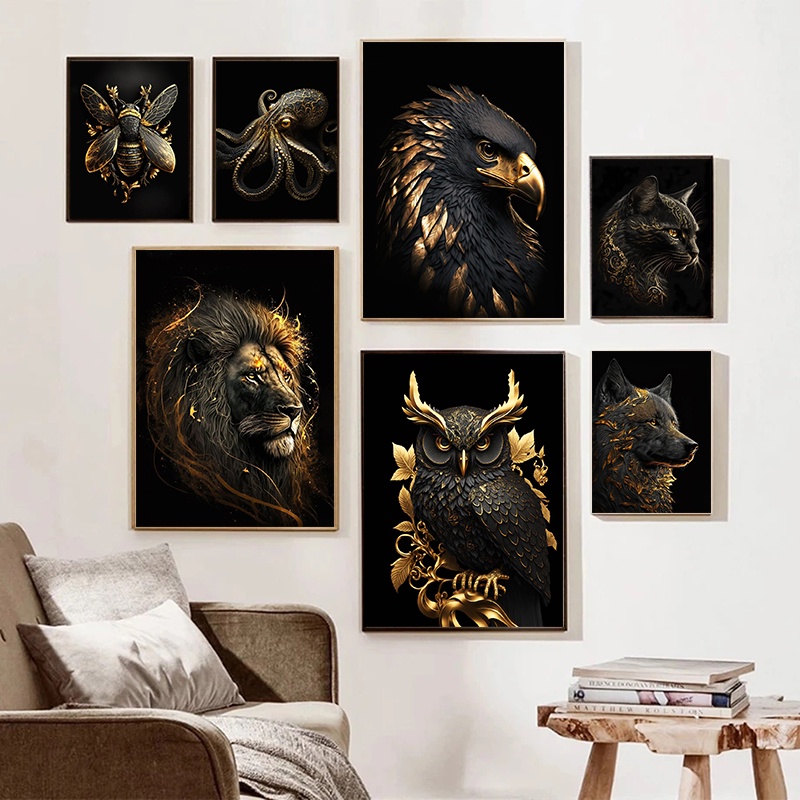 Wolf Octopus Owl Eagle Black And Gold Animals Posters Canvas Painting ...