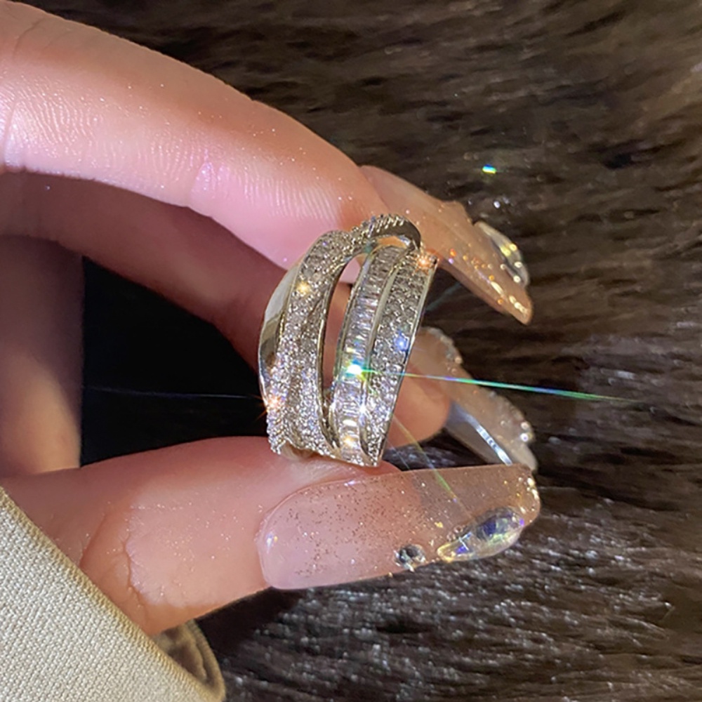Geometric Silver Zircon Ring Fashion and Elegant Multi Layered Line ...