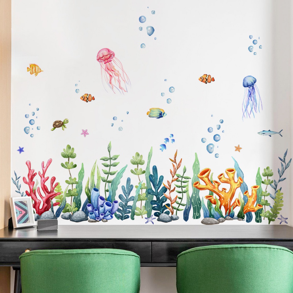 Ocean Wall Decal Jellyfish Fish Sea Turtle Wall Sticker Ocean World ...