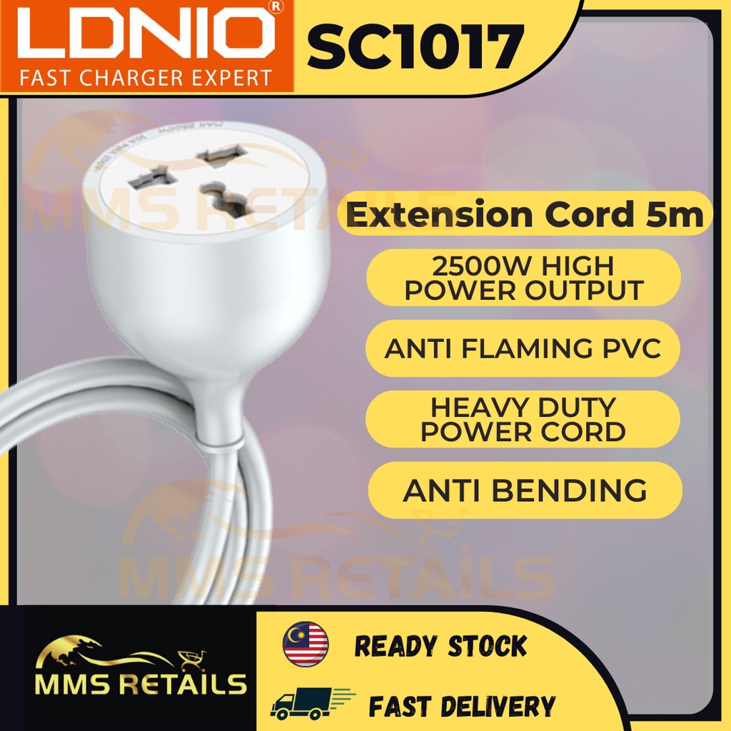 LDNIO SC1017 Heavy Duty Extension Cord 5 Meter Single Power Cord Anti ...