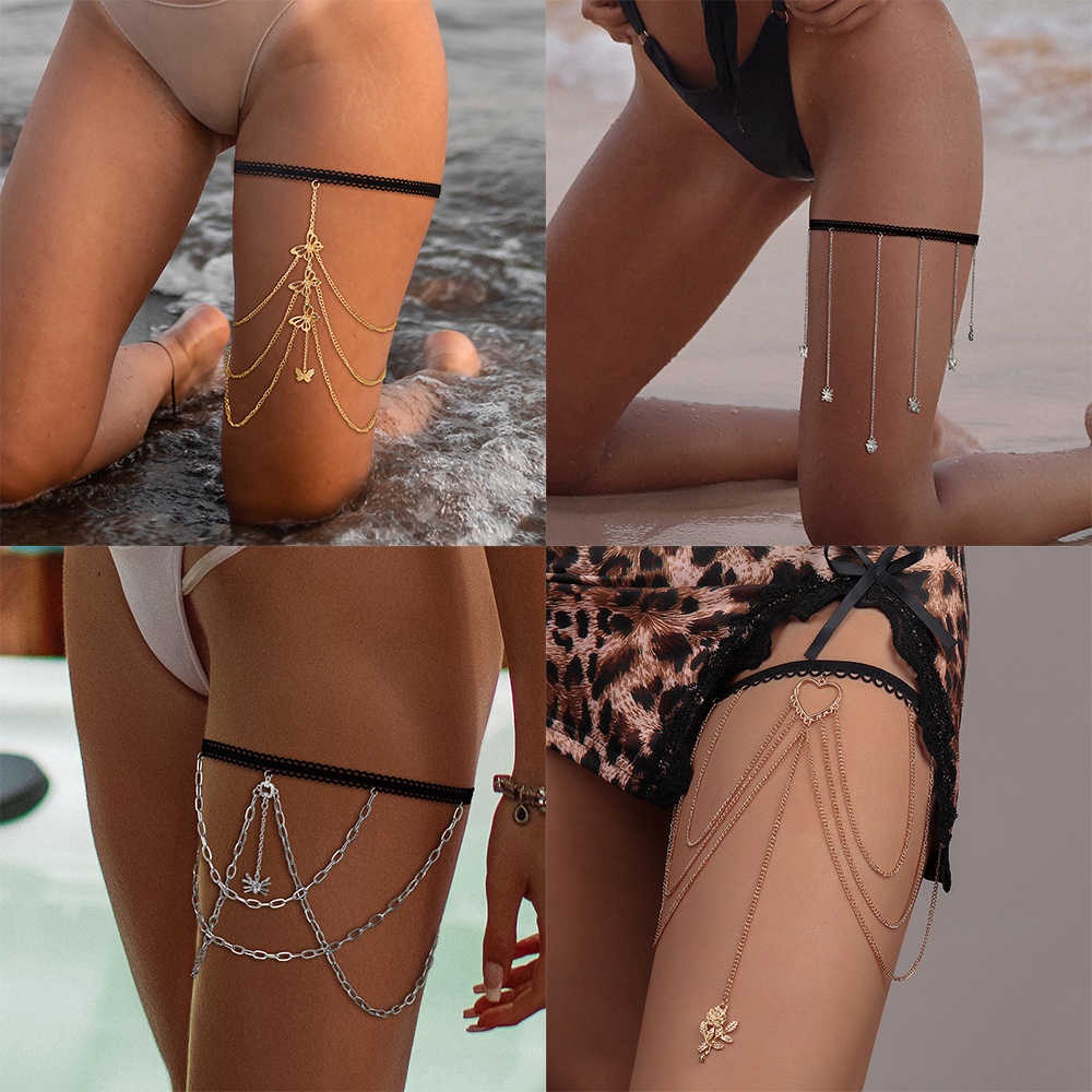 Vintage Sexy Lace Elastic Rope Leg Chain for Women Heart Rose Multi-layer Thigh Chains Beach ...
