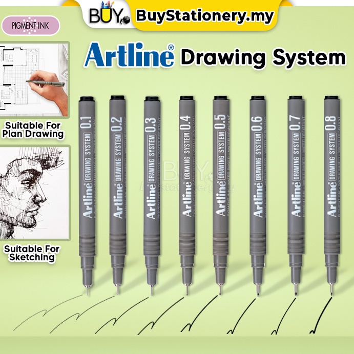 Artline Drawing System Pen 0.1 0.2 0.3 0.4 0.5 0.6 0.7 0.8 mm Width ...