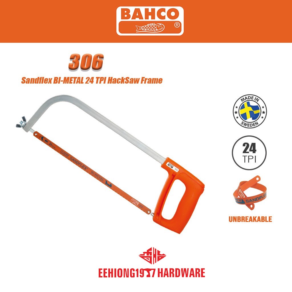 BAHCO 306 Sandflex BI-METAL 24 TPI 12'' HackSaw Frame Unbreakable DIY ...