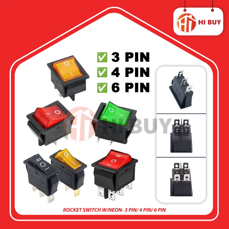 ROCKER SWITCH W/NEON 3 PIN/ 4 PIN/ 6 PIN/ ON-OFF POSITION/ ELECTRICAL ...