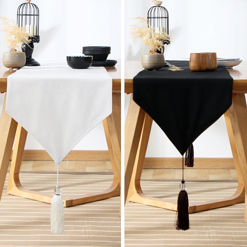 Double Layers, Solid Black n White Color Table Runner with Tassel, Good ...