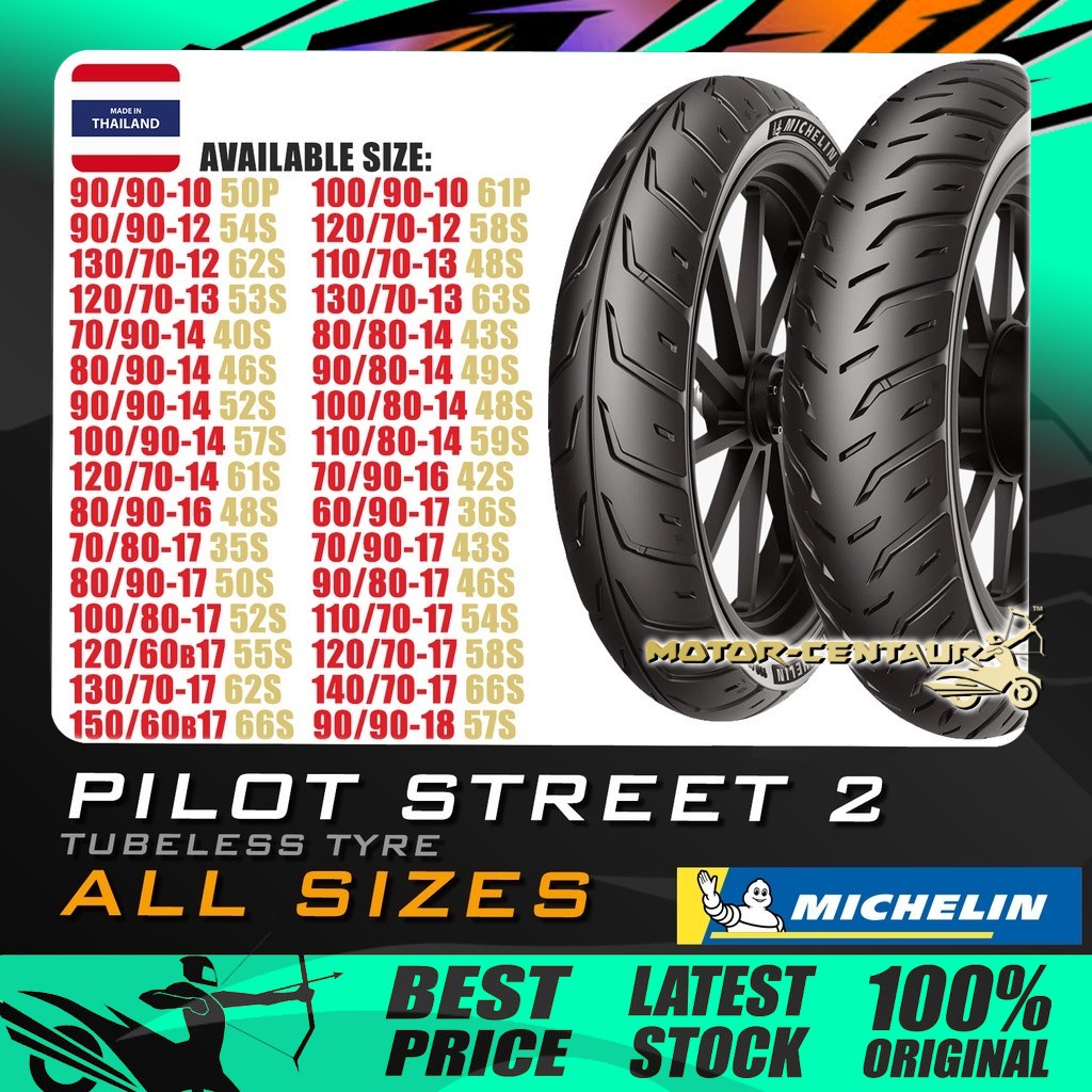 TAYAR MOTORSIKAL MICHELIN PILOT STREET 2 TUBELESS TYRE 60, 70, 80, 90 ...