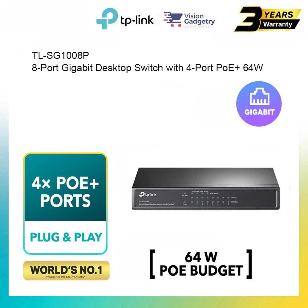 TP-Link TL-SG1008P 8-Port Gigabit Desktop Switch with 4-Port PoE+ 64W ...