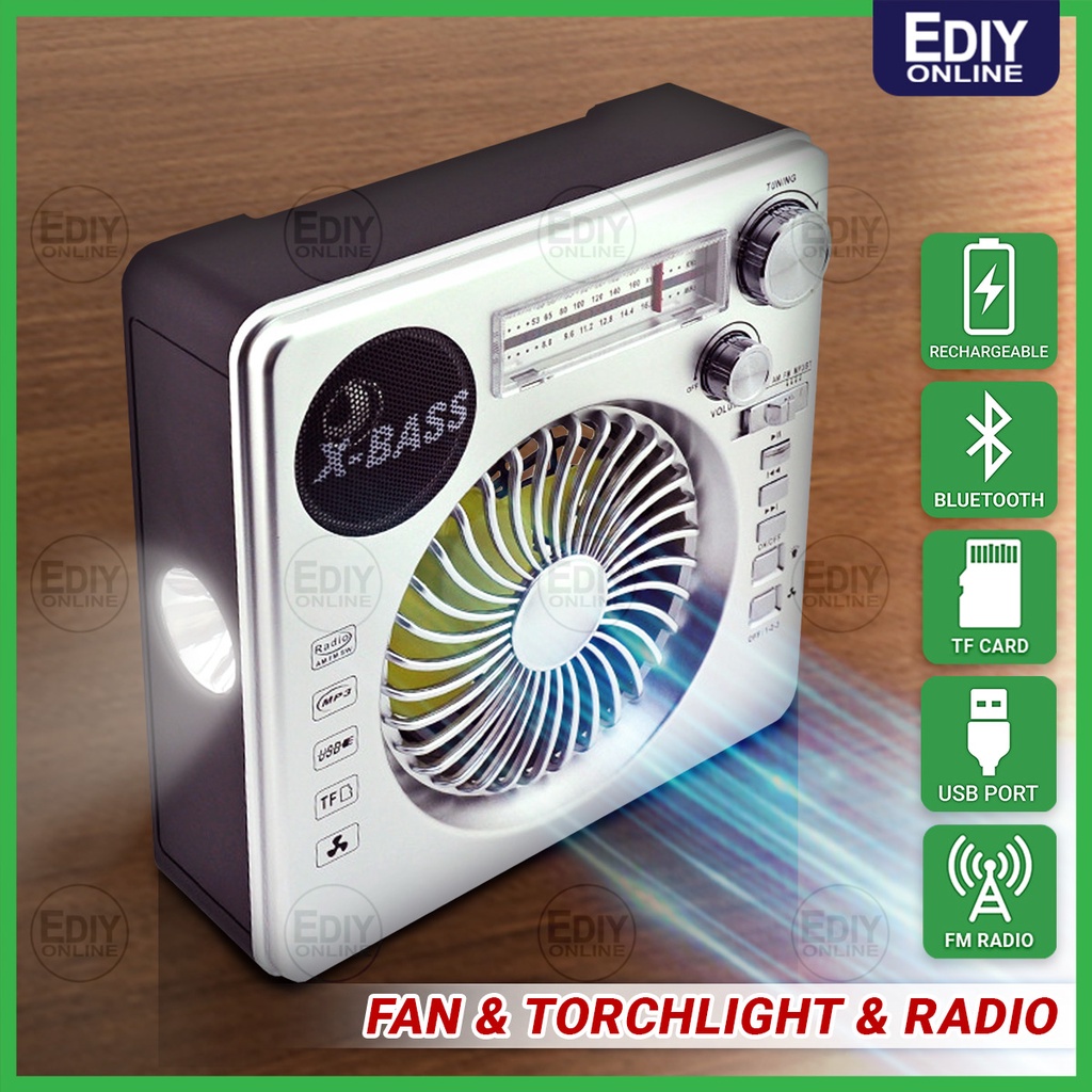 Rechargeable FM Radio + Table Fan + Torch Night Light Portable Camping ...