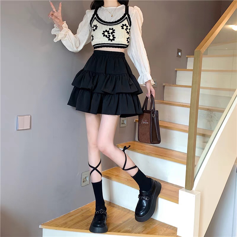 Women's Bigsize two-layer flared skirt, black and white, soft twill ...