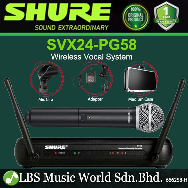 Shure SVX24/PG58 Wireless Microphone Vocal System with SVX4 Receiver and SVX2 Transmitter PG58 ...