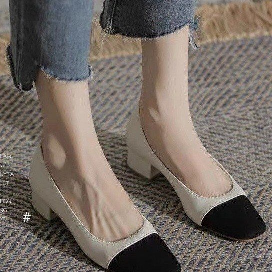 Women's High Heels Square Toe Color Matching Shallow Mouth Thick Heel ...