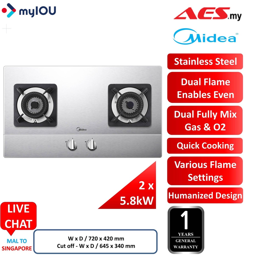 MIDEA MGH-8216SS 2 BURNERS 5.8kW DUAL FLAME BI-HYBRID BUILT-IN GAS HOB ...