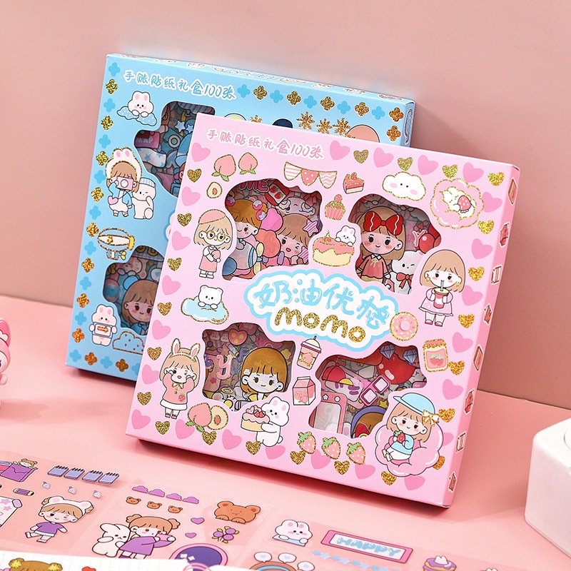 100pcs/box Cute girl cartoon sticker tape set Clear water bottle ...