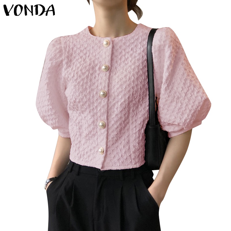 VONDA Women Korean Casual Open Placket Half Sleeve Puff Sleeve Blouse ...