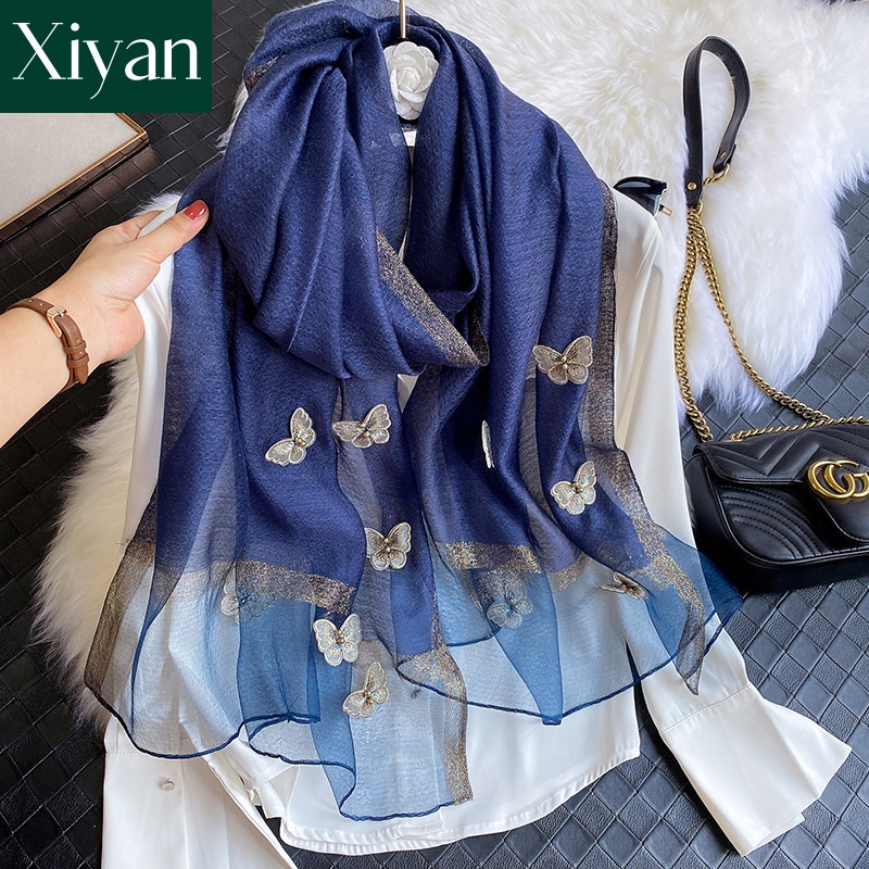 【ready stock】new fashion women butterfly embroidery shawl silk scarf ...