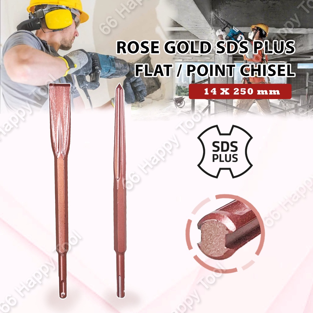 [14x250mm] Rose Gold SDS Plus Chisel Flat / Point Impact Hammer Rotary ...