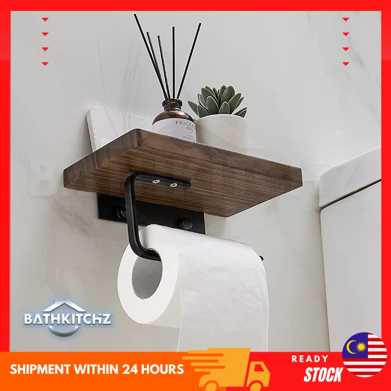 BATHKITCHZ Toilet Paper Holder with Natural Walnut Wooden Shelf Tissue ...