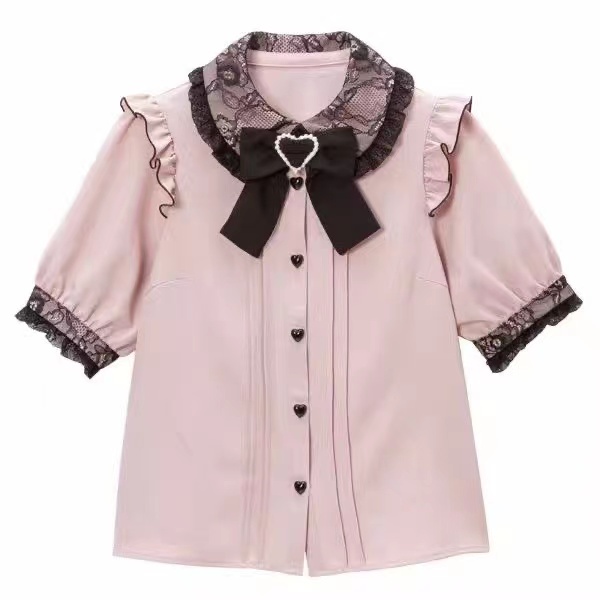 Lolita Shirt Pink White Black Bow Tie Japanese Top Girl Soft Girl Cute ...
