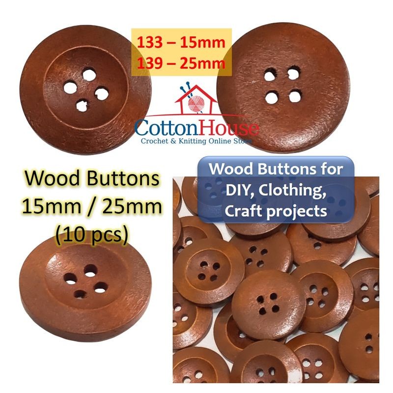 Wood buttons 15mm 25mm 10pcs A01 DIY Craft Sewing Clothing Projects ...