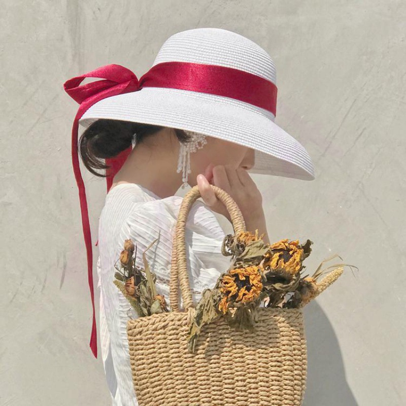 French Straw Hat Retro Hepburn Hat Female Summer Big Brim White Sun Hat ...