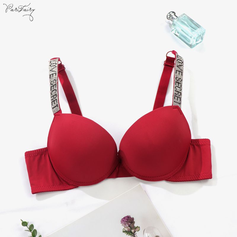 PARIFAIRY Rhinestone Shine Strap bra push up padded bra Smooth Pure Color Letter Bra With Wire ...