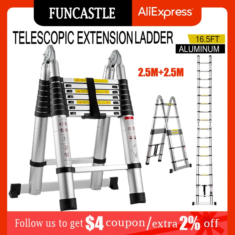 16.5FT Folding Ladder Telescopic Ladder Climbing Herringbone Stepladder ...